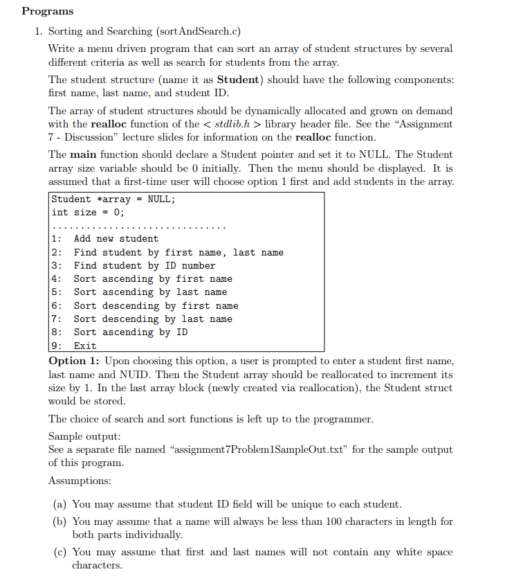 Programs 1. Sorting and Searching (sortAndSearch.c) | Chegg.com