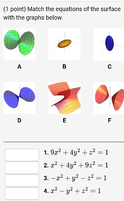 Solved (1 point) Match the equations of the surface with the | Chegg.com