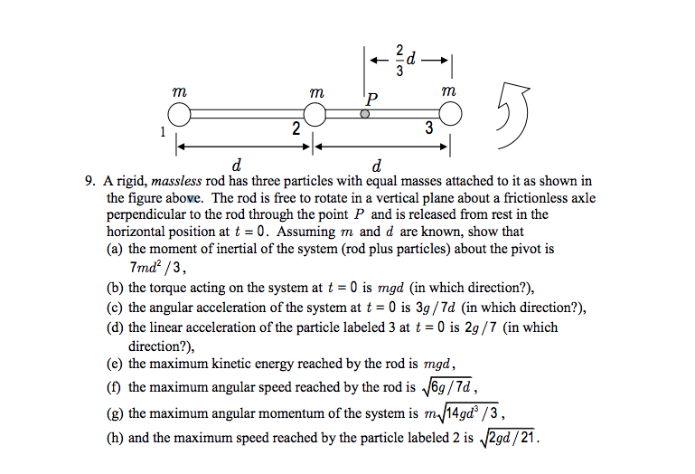 Solved A rigid, massless rod has three particles with equal | Chegg.com