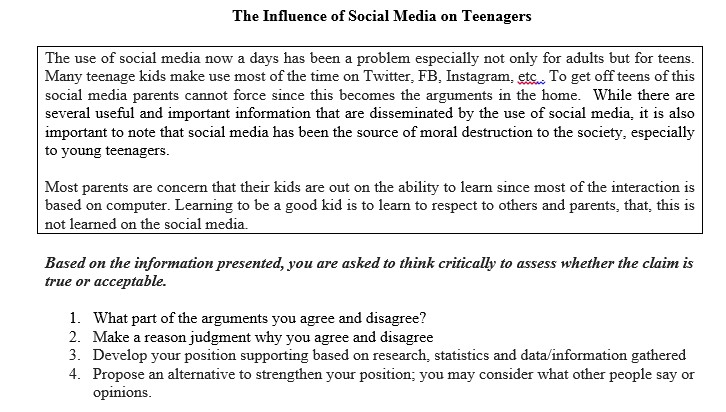 Solved The Influence of Social Media on Teenagers The use of | Chegg.com