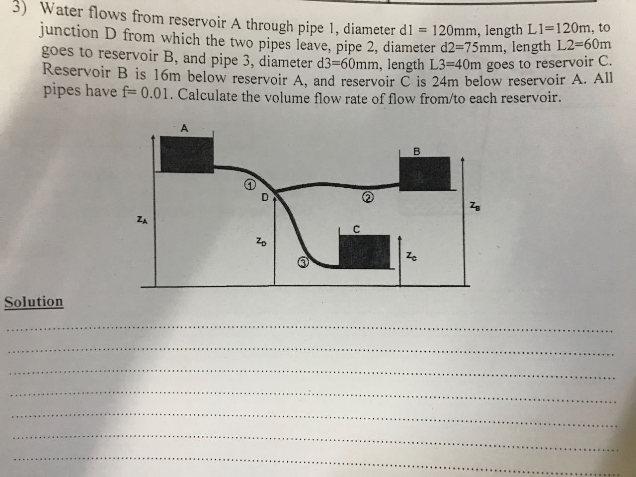 Solved Water flows from reservoir A through pipe 1, diameter | Chegg.com