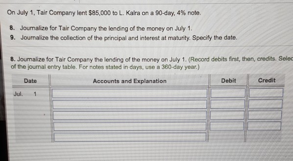Solved On July 1, Tair Company lent $85,000 to L. Kalra on a | Chegg.com