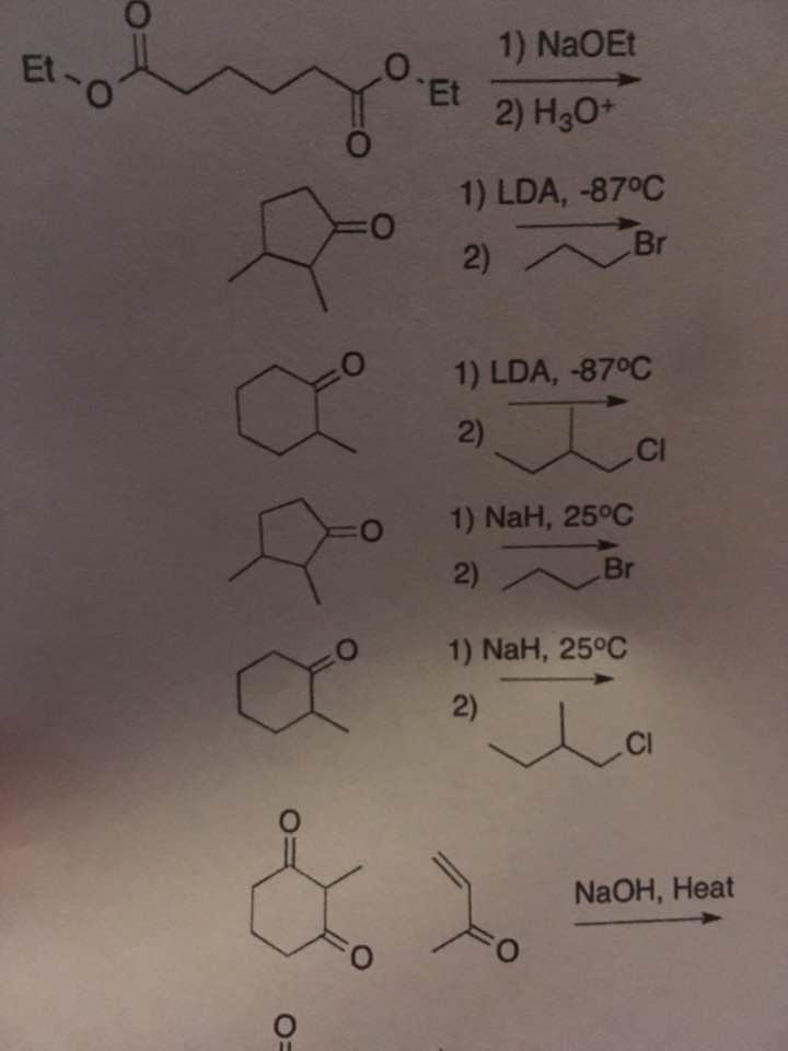 Solved 1) NaOEt 2) H3O+ 1) LDA, -870C O 1) LDA, -870C Ci o | Chegg.com