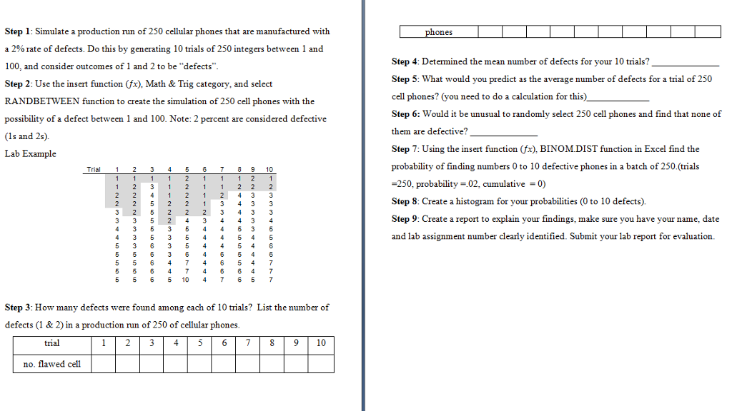 Simulate a production run of 250 cellular phones that | Chegg.com