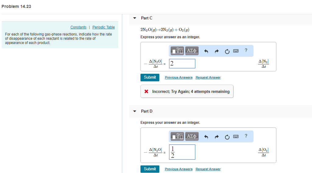 Solved Problem 14.23 Part C Constants | Periodic Table For | Chegg.com