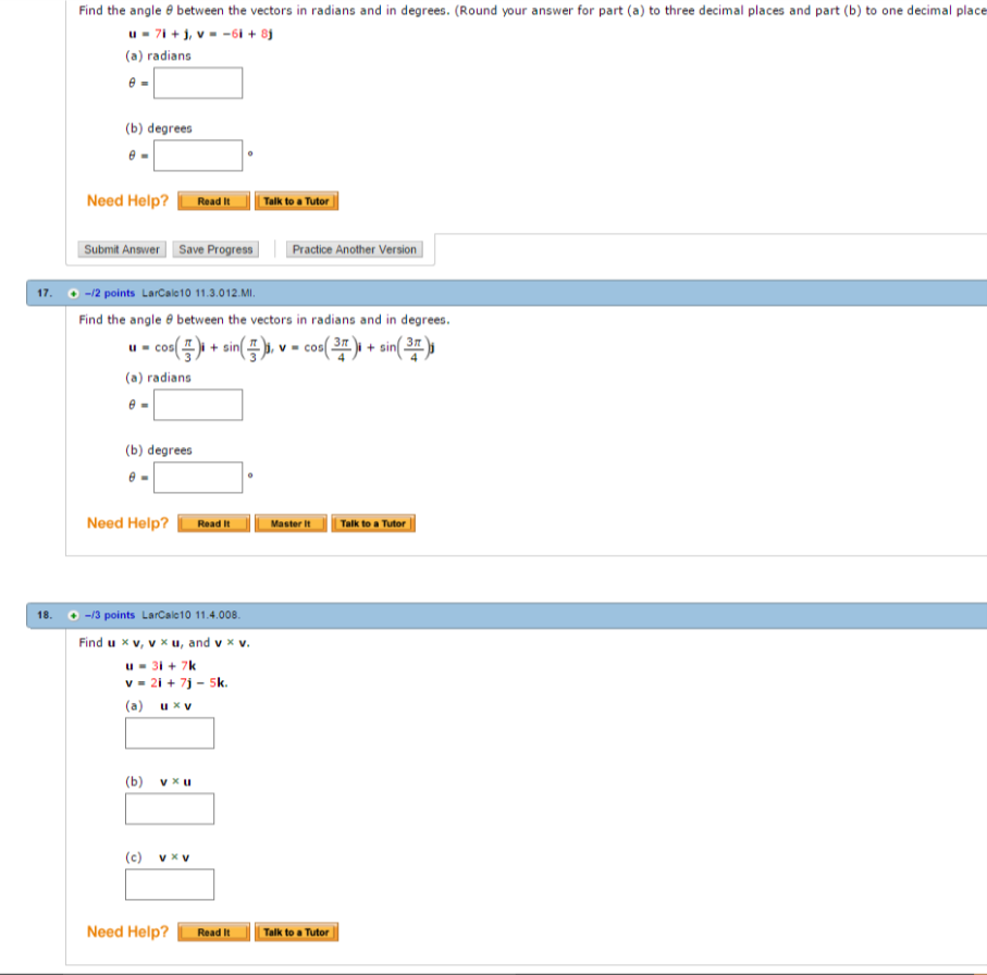 Solved Find the angle between the vectors in radians and in | Chegg.com
