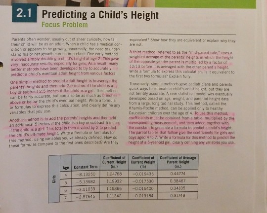Predicting a Child's Height Focus Problem Parents | Chegg.com