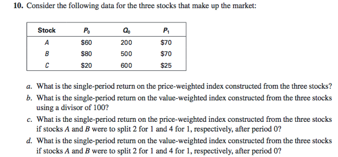 Solved 10. Consider the following data for the three stocks | Chegg.com