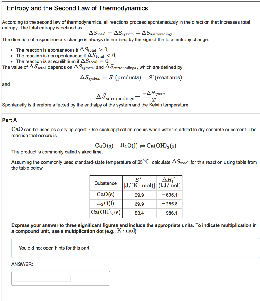 Solved Entropy and the Second Law of Thermodynamics | Chegg.com