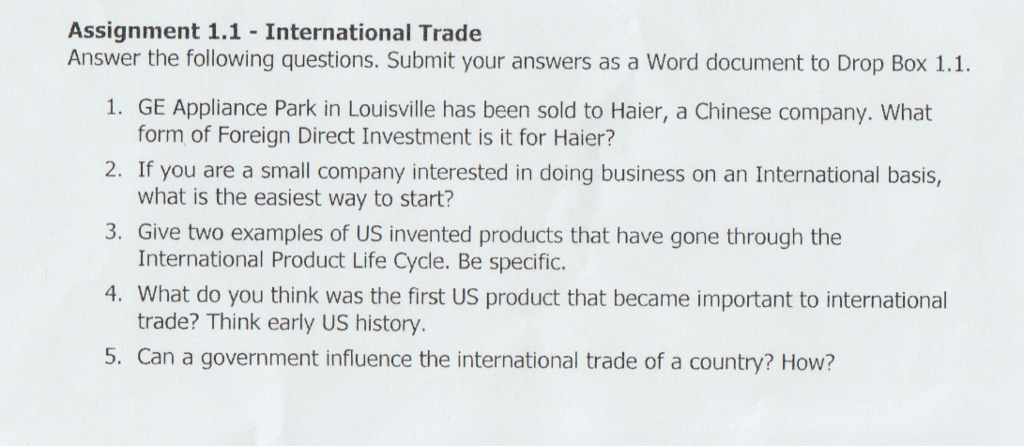 Solved Assignment 1.1-International Trade Answer the | Chegg.com