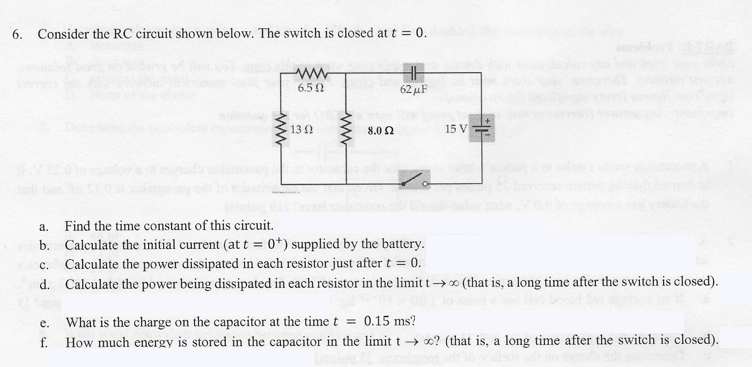 Solved 6. Consider the RC circuit shown below. The switch is | Chegg.com
