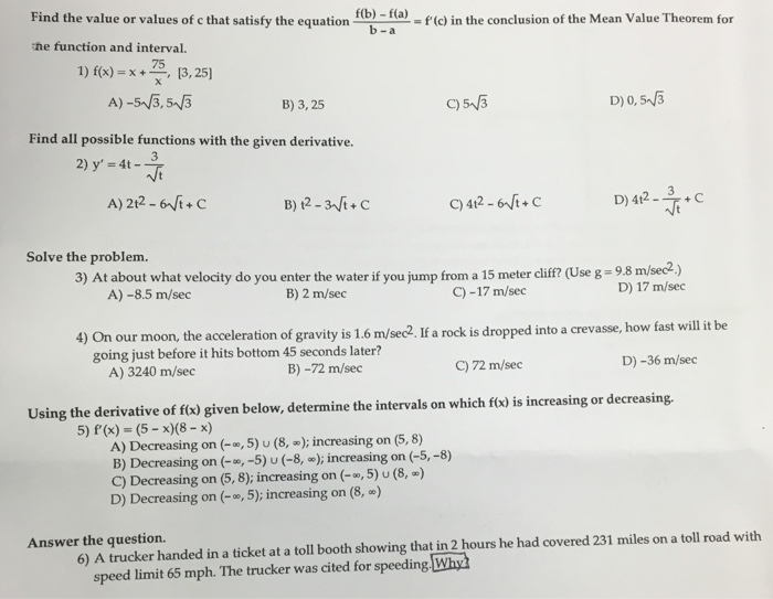 Find the value or values of c that satisfy the | Chegg.com