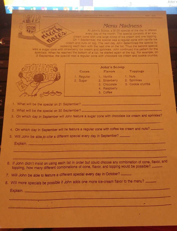 Solved Math (Menu Madness) please answer these questions and | Chegg.com