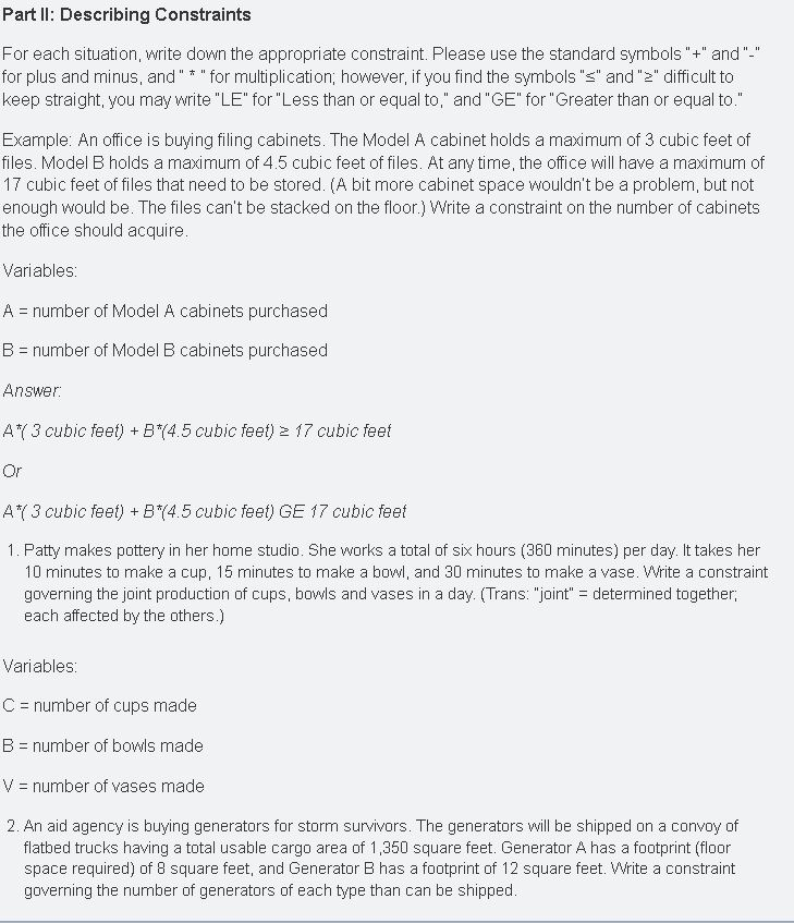 Solved Part II: Describing Constraints For each situation, | Chegg.com
