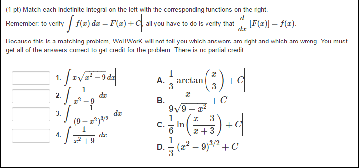 Solved Match each indefinite integral on the left with the | Chegg.com