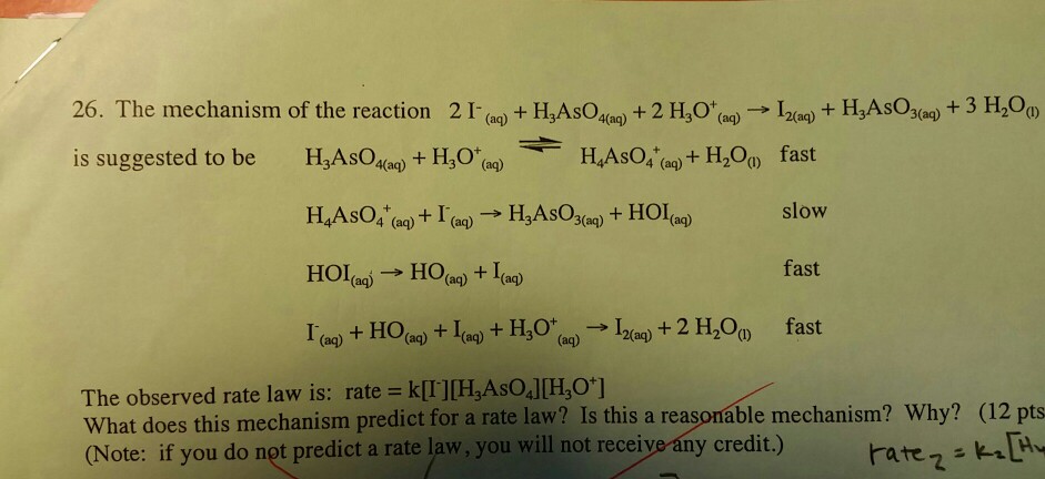 Solved The mechanism of the reaction 2 I- (aq) + H3AsO4(aq) | Chegg.com