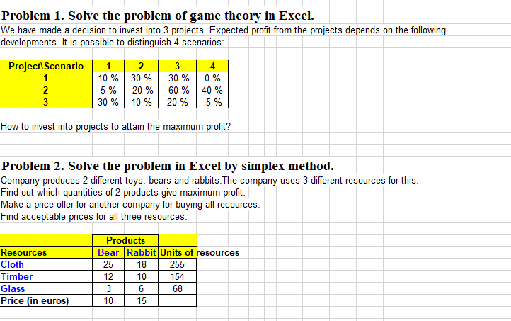 Solved Problem 1. Solve the problem of game theory in Excel | Chegg.com