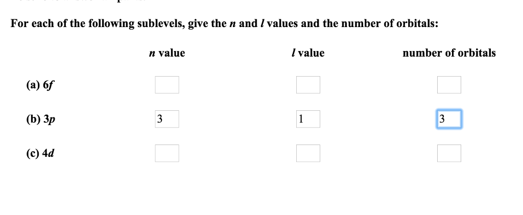 Solved For each of the following sublevels, give the n and | Chegg.com