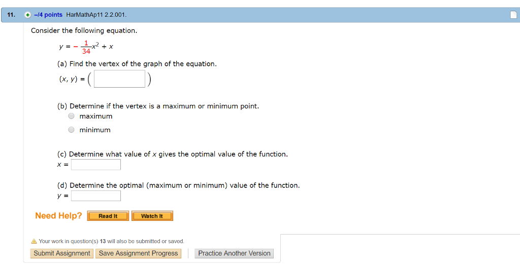 Solved Consider the following equation. y = - 1/34 x^2 + x | Chegg.com