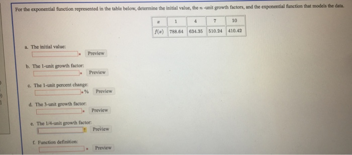 Solved For the exponential function represented in the table | Chegg.com