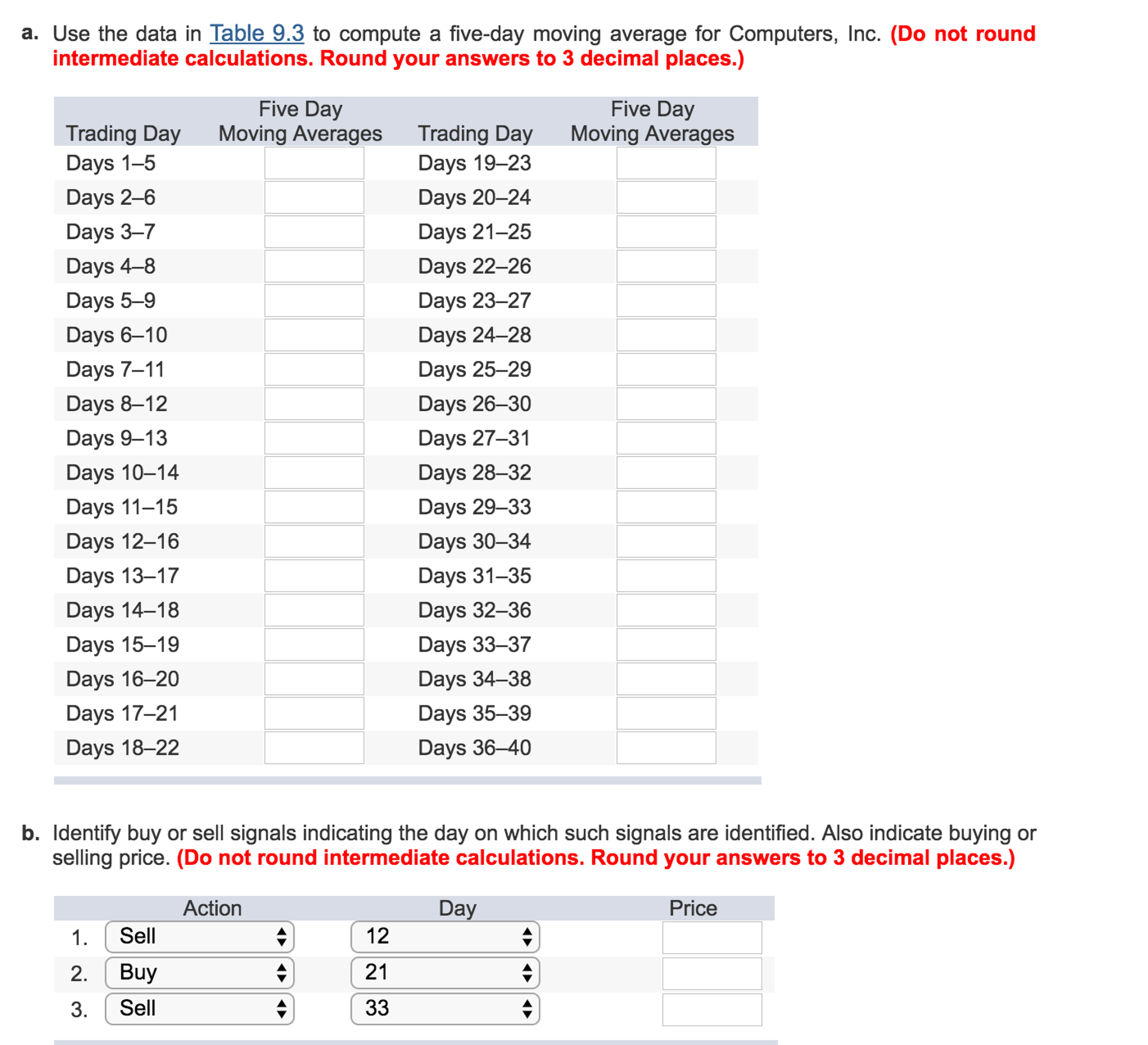 a. Use the data in Table 9.3 to compute a five-day | Chegg.com