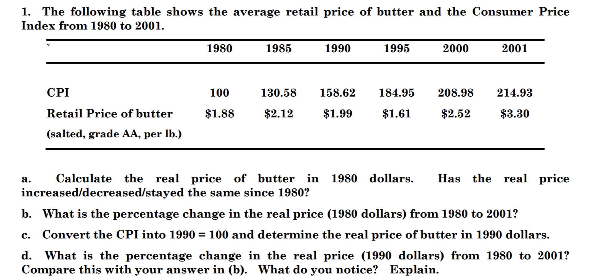 Solved The following table shows the average retail price of | Chegg.com