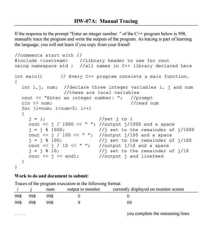 Solved HW-07A: Manual Tracing If the response to the prompt | Chegg.com
