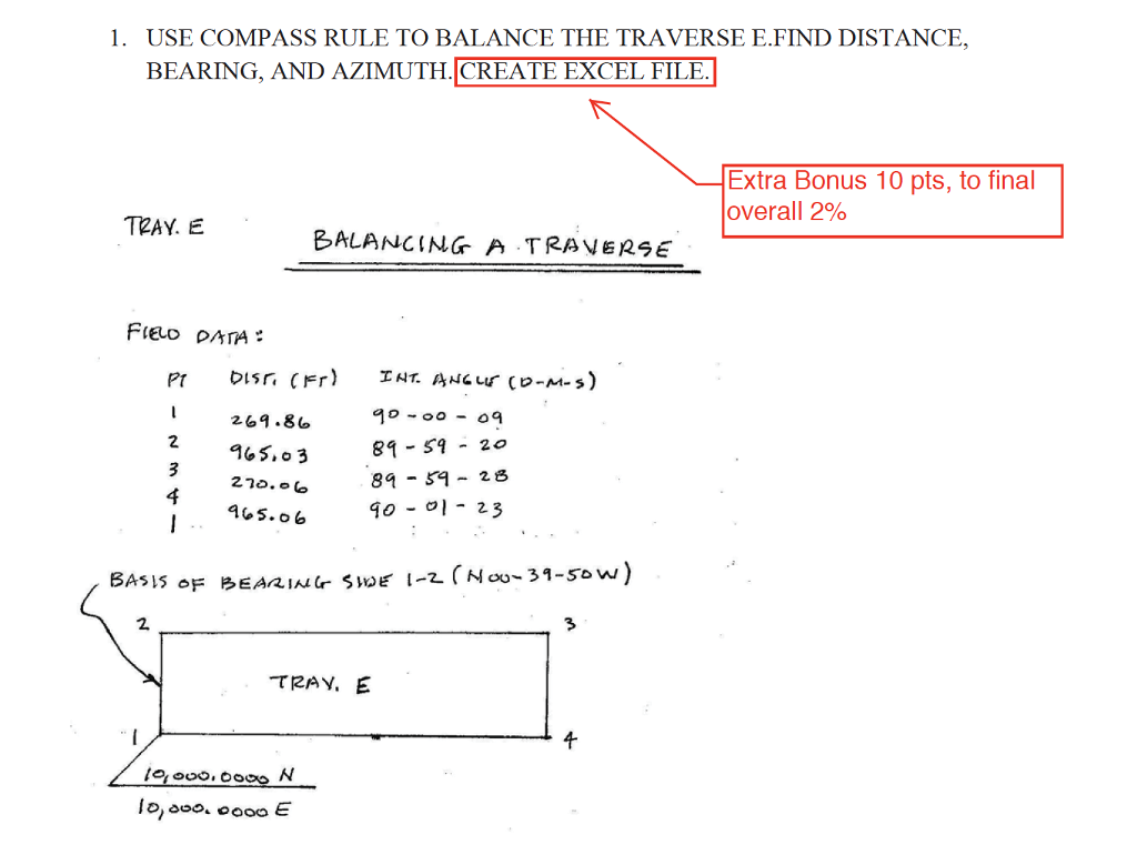 Solved 1. USE COMPASS RULE TO BALANCE THE TRAVERSE E.FIND | Chegg.com