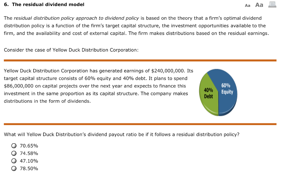 Solved 6. The residual dividend model Aa Aa The residual | Chegg.com Solved 6. The residual dividend model Aa Aa The residual | Chegg.com