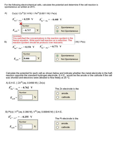 Solved For The Following Electrochemical Cells Calculate