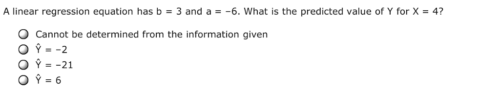 Solved A linear regression equation has b = 3 and a = -6. | Chegg.com