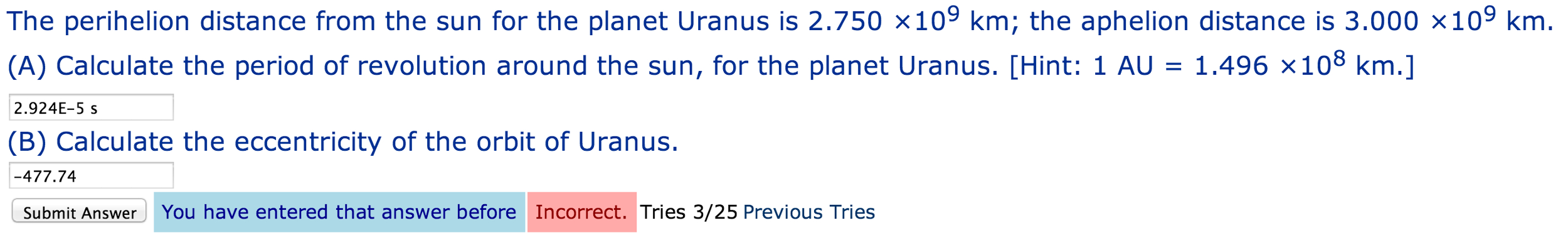 Solved The perihelion distance from the sun for the planet | Chegg.com
