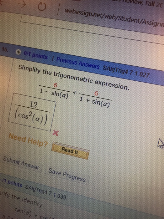 Solved Simplify the trigonometric expression. 6/1 - | Chegg.com