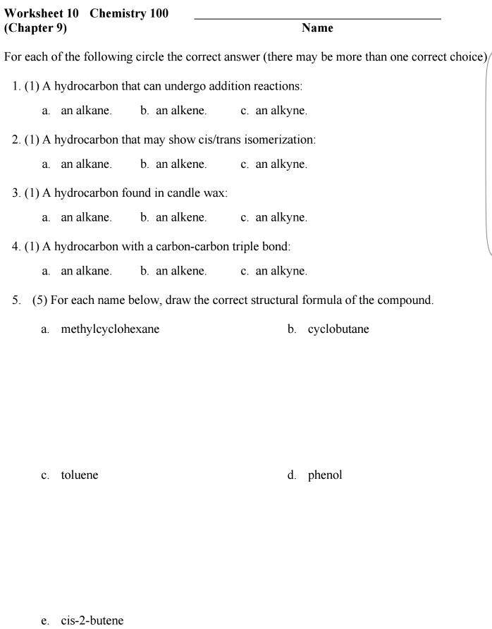 Alkanes Alkenes Alkynes Worksheet - Kindergarten Printable Sheet