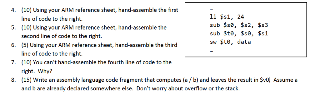 Solved 4. (10) Using your ARM reference sheet, hand-assemble | Chegg.com