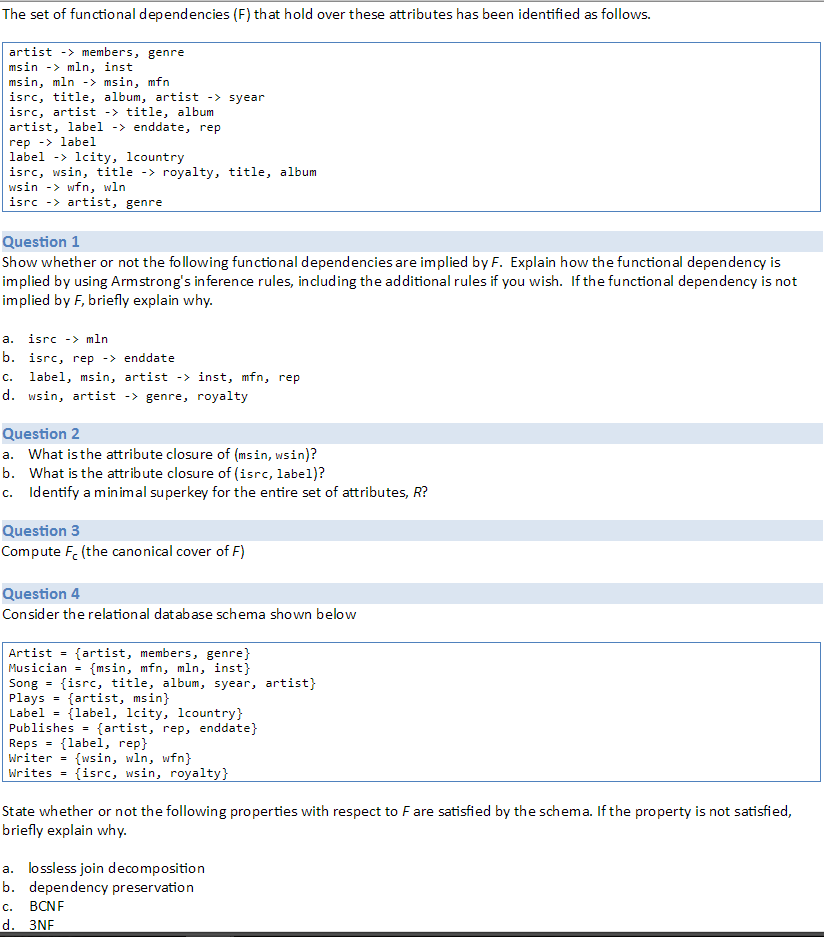 The set of functional dependencies (F) that hold over | Chegg.com