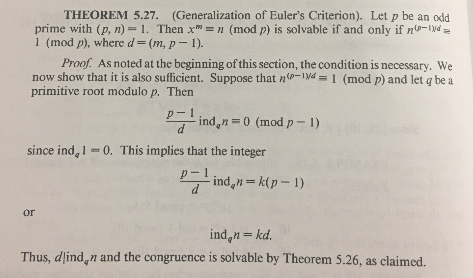 Solved THEOREM 5.27. (Generalization of Euler's Criterion). | Chegg.com