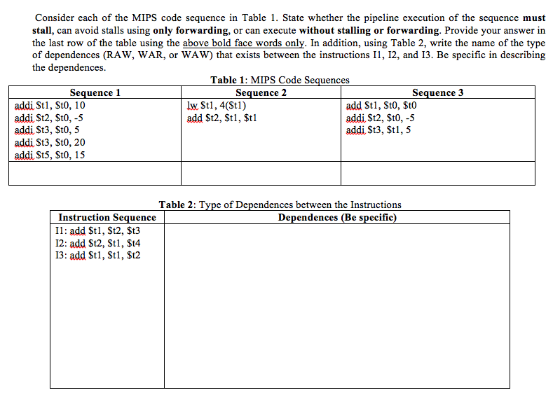 Consider each of the MIPS code sequence in Table 1. | Chegg.com