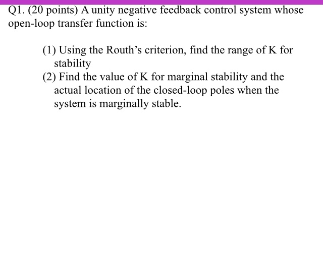 Ql. (20 points) A unity negative feedback control | Chegg.com