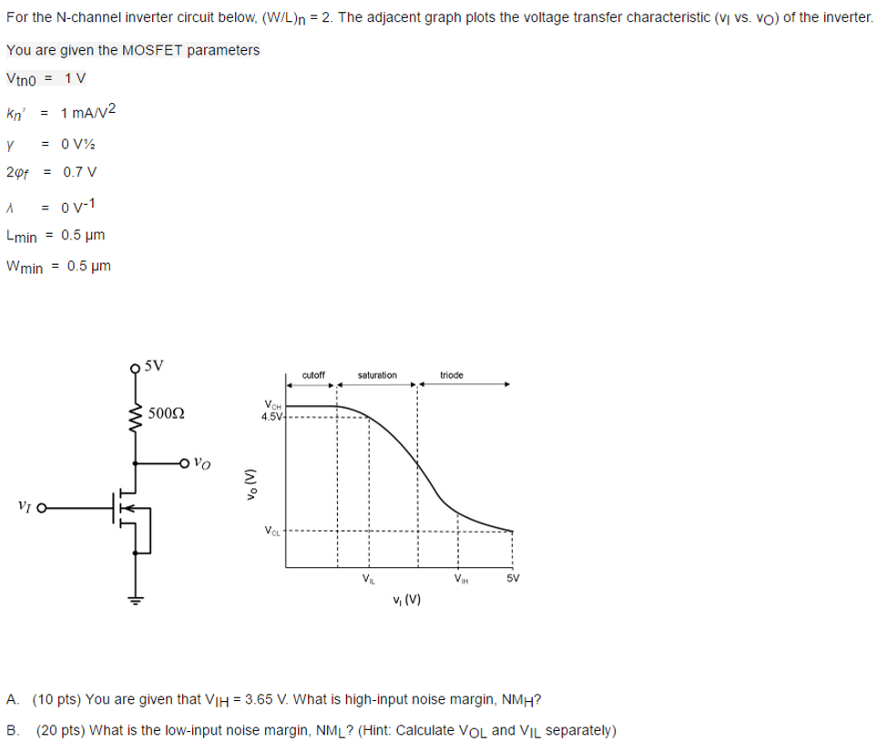 Solved For the N-channel inverter circuit below, (W/L)_n = | Chegg.com
