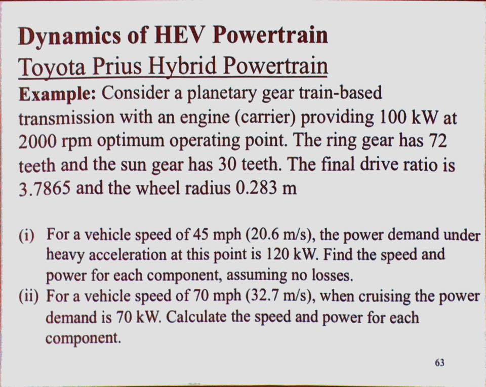 Dynamics of HEV Powertrain Toyota Prius Hybrid | Chegg.com