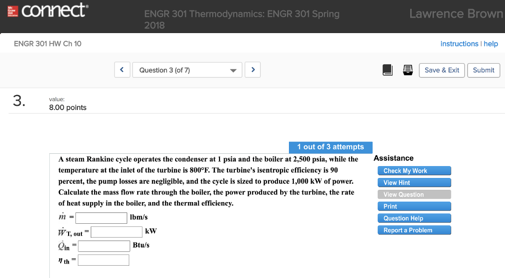 Solved Lawrence Brown Engr 301 Thermodynamics Engr 301 