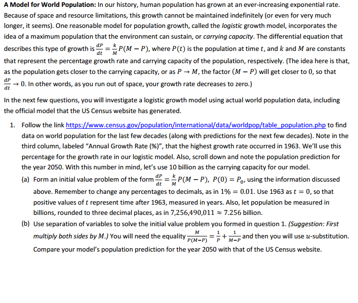 Solved A Model for World Population: In our history, human | Chegg.com