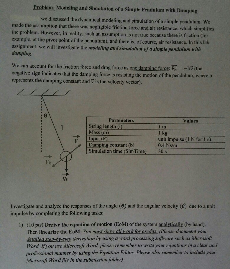 Solved Problem: Modeling and Simulation of a Simple Pendulum | Chegg.com