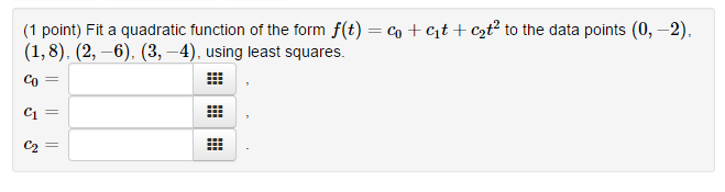 Solved Fit a quadratic function of the form f(t) =C0+C1t + | Chegg.com