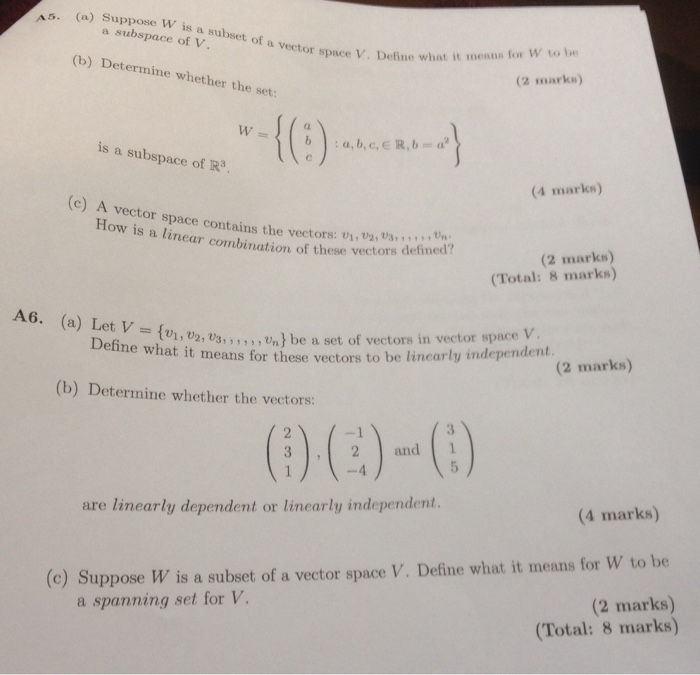 Solved Suppose W is a subset of a vector space V. Define | Chegg.com