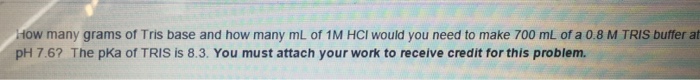 Solved How many grams of Tris base and how many mL of 1M HCI | Chegg.com