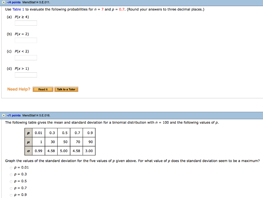 Solved -14 points MendStat14 5.E.011 Use Table 1 to evaluate | Chegg.com