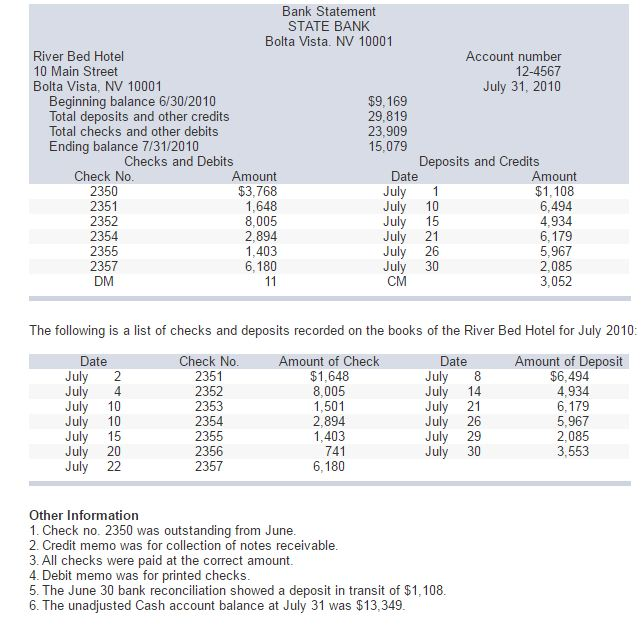 Solved Bank Statement STATE BANK Bolta Vista. NV 10001 River | Chegg.com