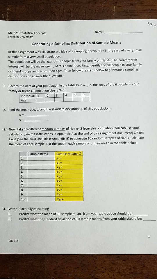 Solved Name Math215 Statistical Concepts Franklin University | Chegg.com